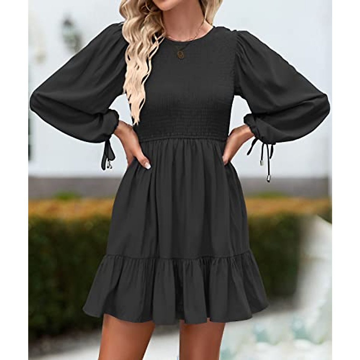 ZESICA Women's Long Sleeve Smocked Dress Spring Casual Crew Neck Tiered Swing Cocktail Wedding Party Mini Dresses,Black,Medium