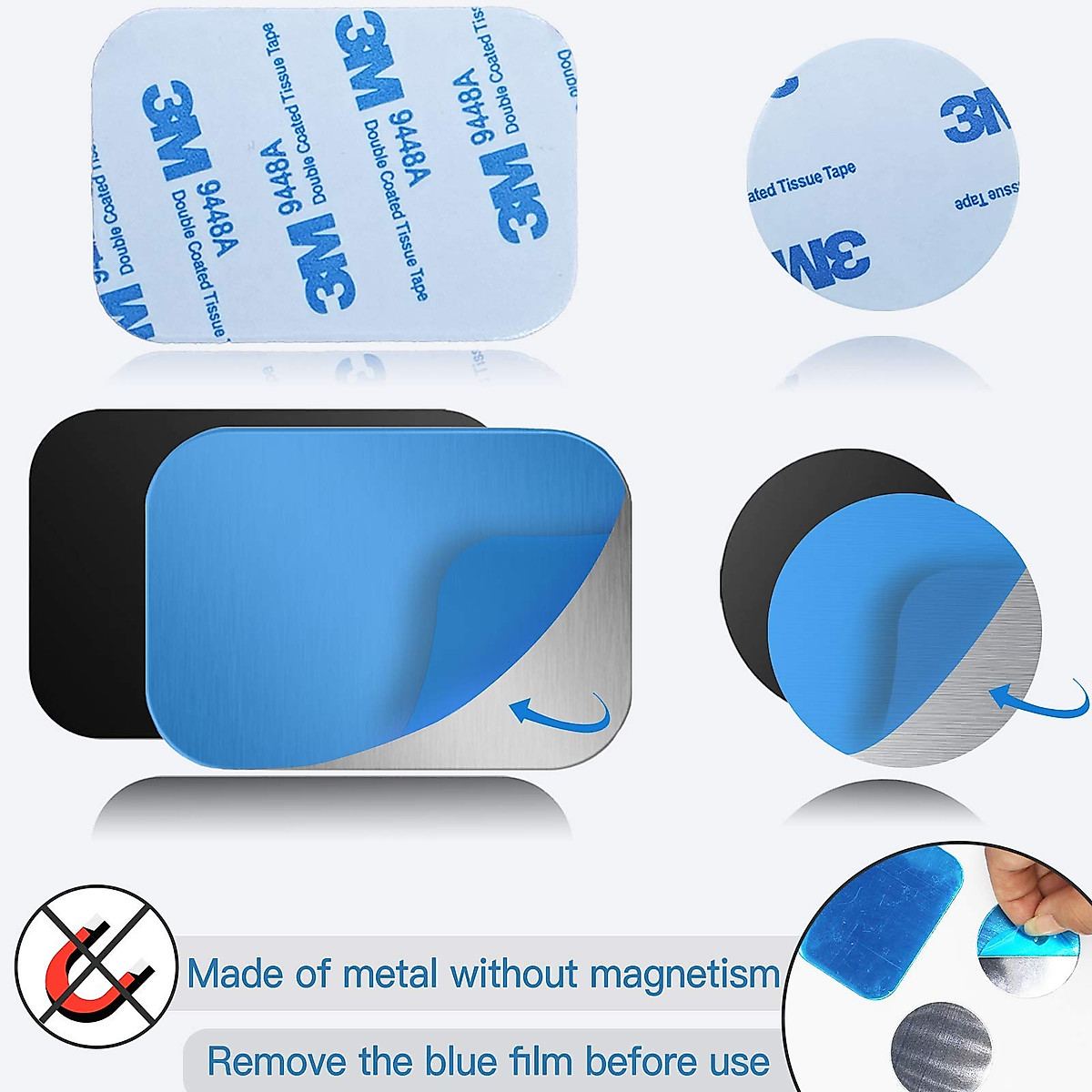 OWLKELA Mount Metal Plate for Phone Magnet Car Mount Holder Cradle with Adhesive, Universal Replacement Sticker Compatible with Magnetic Mounts - 10 Pack Black and Silver (4 Rectangle and 6 Round)