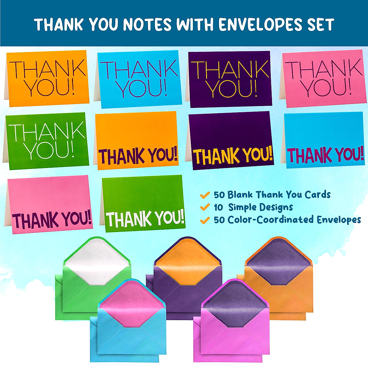 Only Zest Thank You Cards with Envelopes Bulk, 50 Pack 4x6 Thank You Notes – Cute Assorted Blank Thank you Card for Birthdays, Baby Showers, Small Business