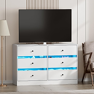 SDMY 6 Drawer Double Dresser, White Bedroom Dresser with LED Light, Baby Dresser for Nursery, Modern Wood Dresser Chest of Drawers for Living Room, Hallway