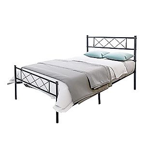 SYING88 LT Double Size Single Metal Bed Frame - Black Low Profile for Adults and Children with Headboard and Large Storage Space for Boys Girls