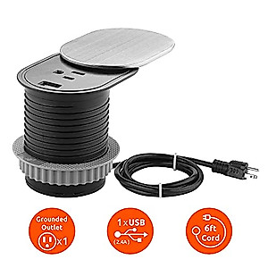 Link2Home Space Saver Grommet Socket with USB, 1 Power Outlet 15A, 1 USB Port 2.4A Fast Charge, Splash Resistant, and Stainless-Steel Finish