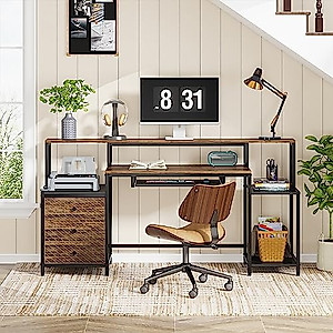 Tribesigns Computer Desk with 3 Drawers, 63 inch Home Office Desk with Monitor Shelf, Industrial Reversible Long PC Gaming Desk with Keyboard Tray, Study Writing Table Workstation, Vintage Brown