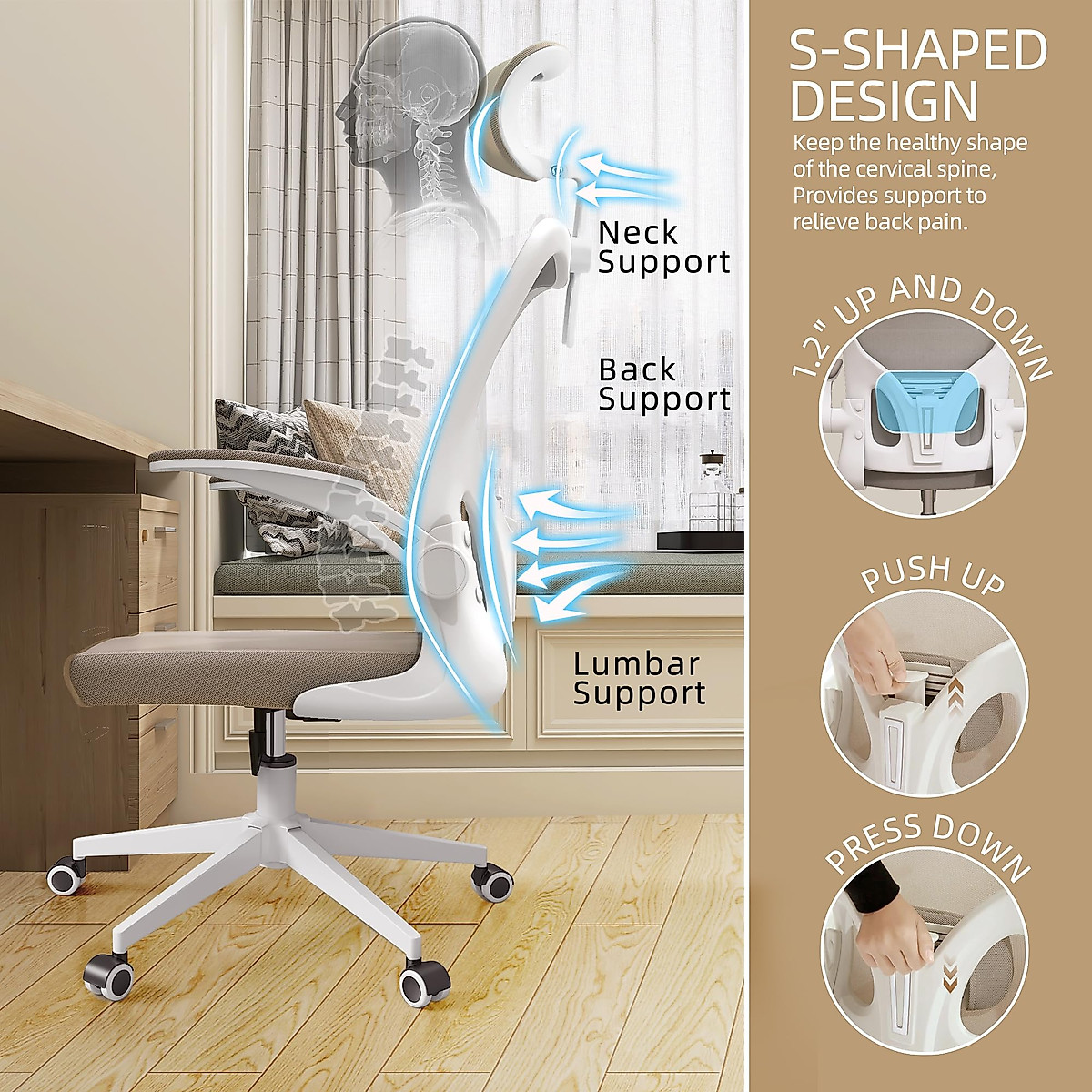 Monhey Adjustable Ergonomic Office Chair – Lumbar Support, 2D Armrests, Heavy-Duty Metal Base, Comfortable Khaki Design