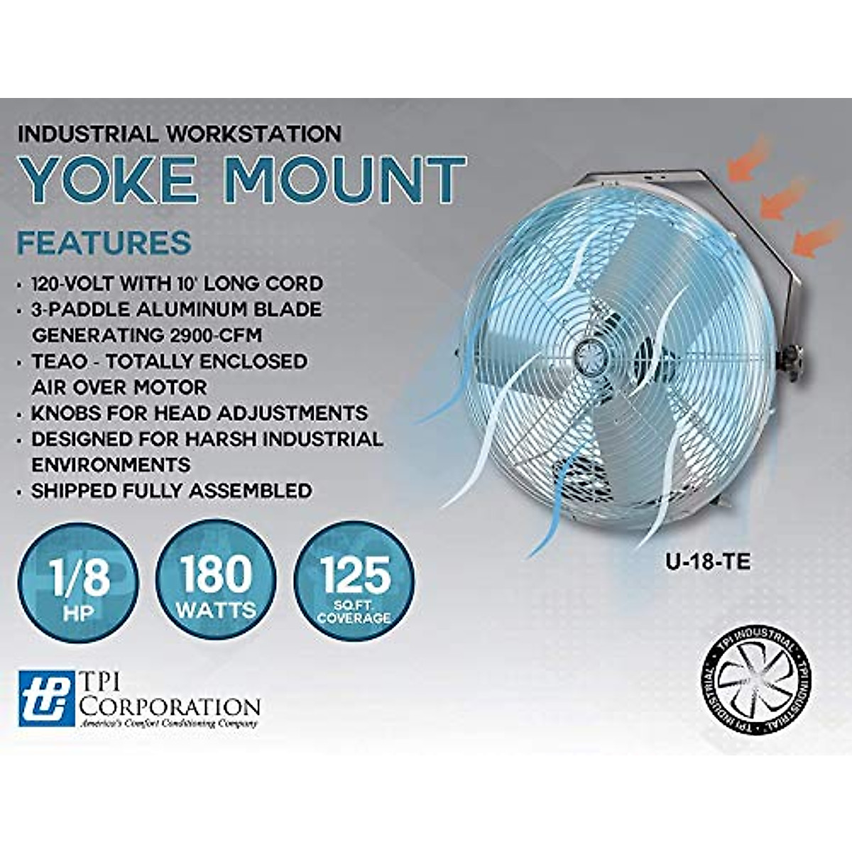 TPI Corporation U18-TE Series Industrial Mounted Workstation Fan, Versatile Wall or Ceiling Mount Fan, 3 Speed Motor, 120 Volt, 10' Cordset, Pull Chain Switch