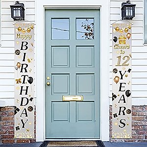 Happy 12th Birthday Porch Sign Door Banner Decor Gray – Cheers to 12 Years Old Party Theme Decorations for Boys Girls Supplies