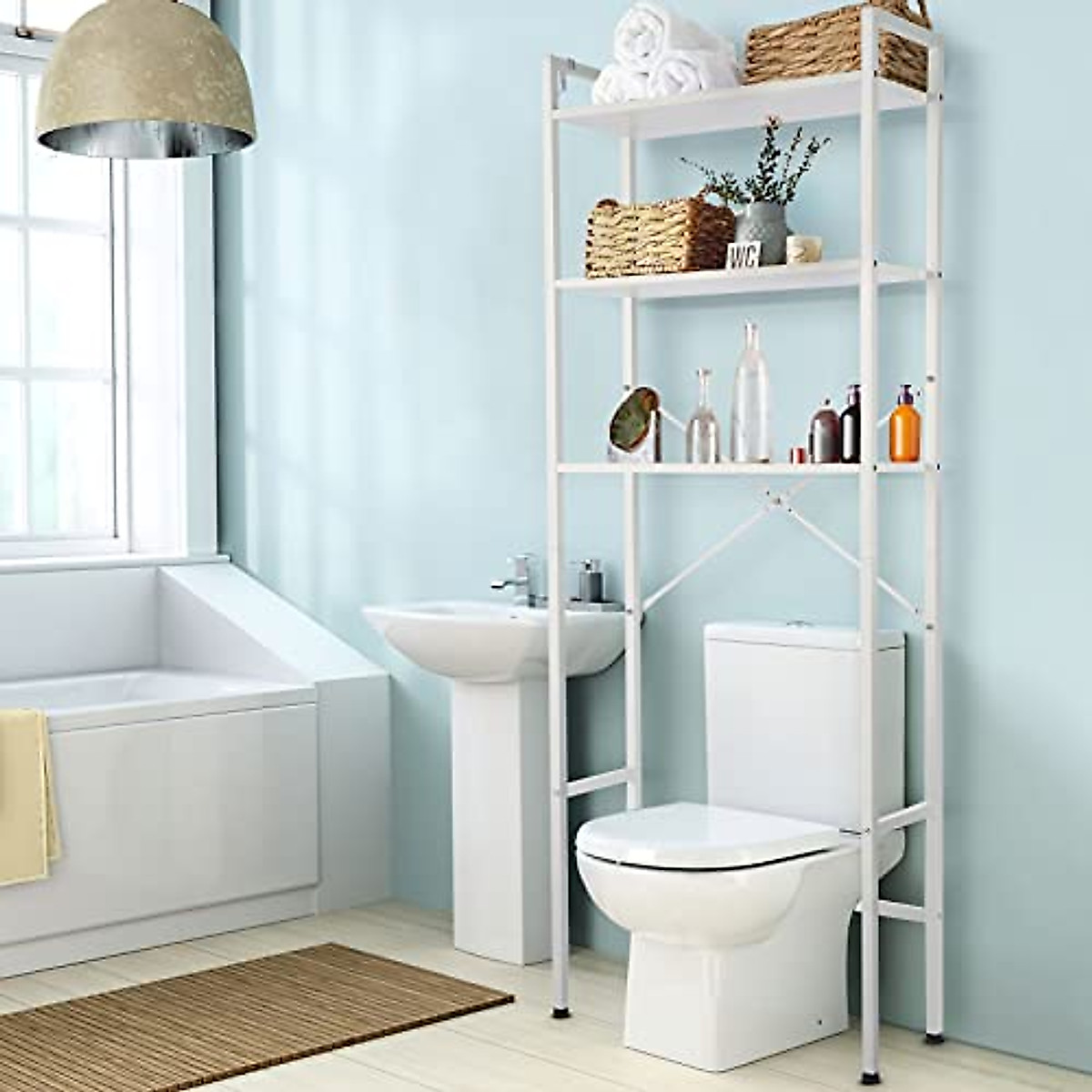 Over Toilet Bathroom Organizer, Likein Tall Over The Toilet Storage Shelf Space Saver for Bathroom Shelves Over Toilet Rack White Metal Frame Wooden Over-The-Toilet Rack with Hooks