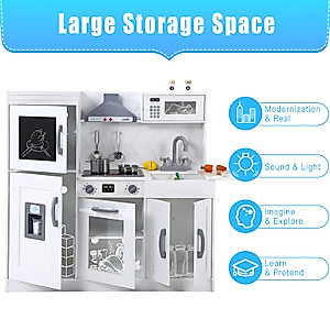 Kids Kitchen Playset, Wooden Chef Pretend Play Set with 20 PCS Cookware Accessories, Wooden Cookware Pretend with Ice Maker, Microwave, Oven, Range Hood, Sink, Real Lights & Sounds，White