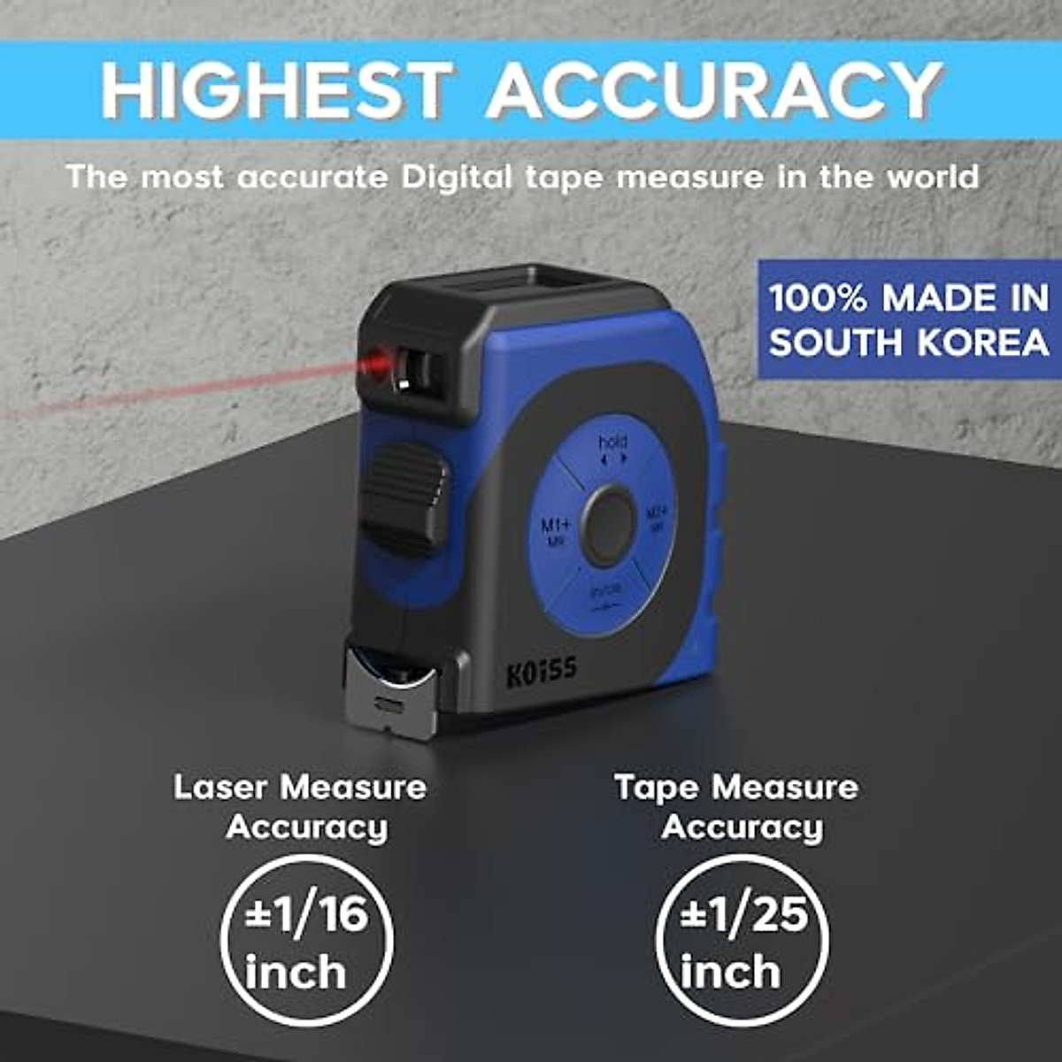 KOISS K4TM 3-in-1 Digital Measuring Tape with Laser, 130FT Laser Measurement Tool, 16FT Tape Measure, Real Time Digital Screen with Backlight, 3 Memory Functions, Rechargeable Battery