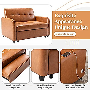 XD Designs PU Leather Convertible Sleeper Sofa Bed, Modern Multi-Function Pull Out Couch with Hardwood Frame, Adjustable Oversized Armchair with Dual USB Ports for Small Space (Brown + PU)