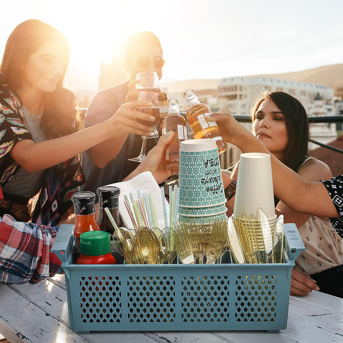 Nicunom Utensil Caddy Silverware Holder with 8 Slots, Kitchen Cutlery Organizer for Spoon, Napkin, Fork, Knives, Cups - Flatware Rack Condiment Caddy for Camping RV BBQ Picnic Party