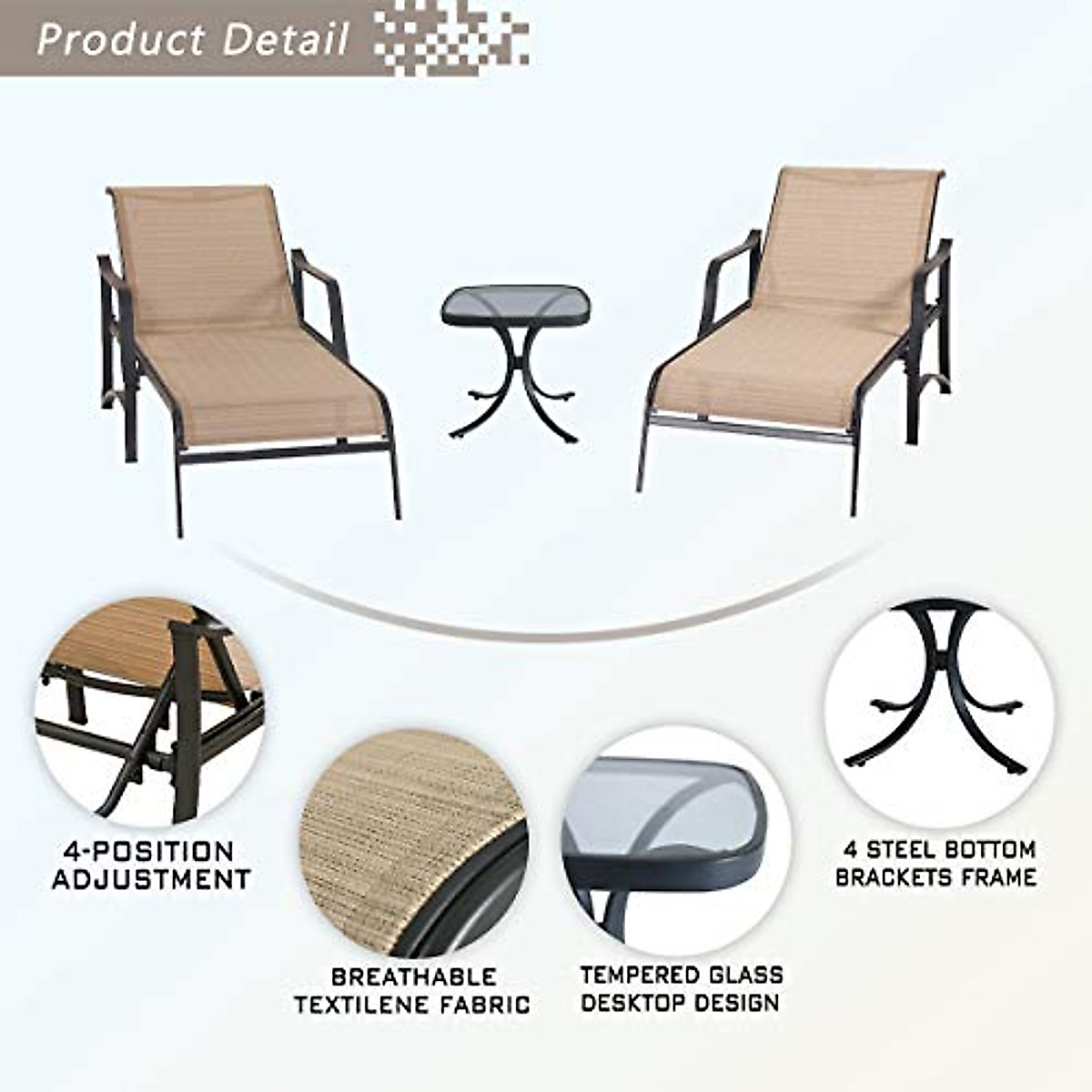 Festival Depot 3 Pc Patio Bistro Outdoor Chaise Lounge Chair Set Textilene Furniture Metal Adjustable Back Curved Armrest with Glass Desktop Coffee Side Table for Porch Yard Garden (Beige)