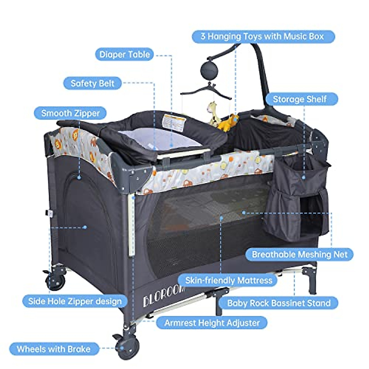 BLOROOM 6-in-1 Pack and Play, Baby Bedside Sleeper with Bassinet, Multifunction Bedside Crib Newborn to Toddlers, Diaper Changer, Playard, Safety Strap, Music Box & Hanging Toys,Mosquito net (Gray)