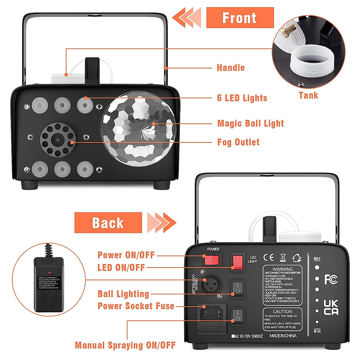 HAKUTA Fog Machine, 600W Smoke Machine with Disco Ball Light and LED RGB Lights, 2300 CFM Spray with Auto Spray Function, Great for Halloween, Christmas, Wedding, Stage Performance and Parties
