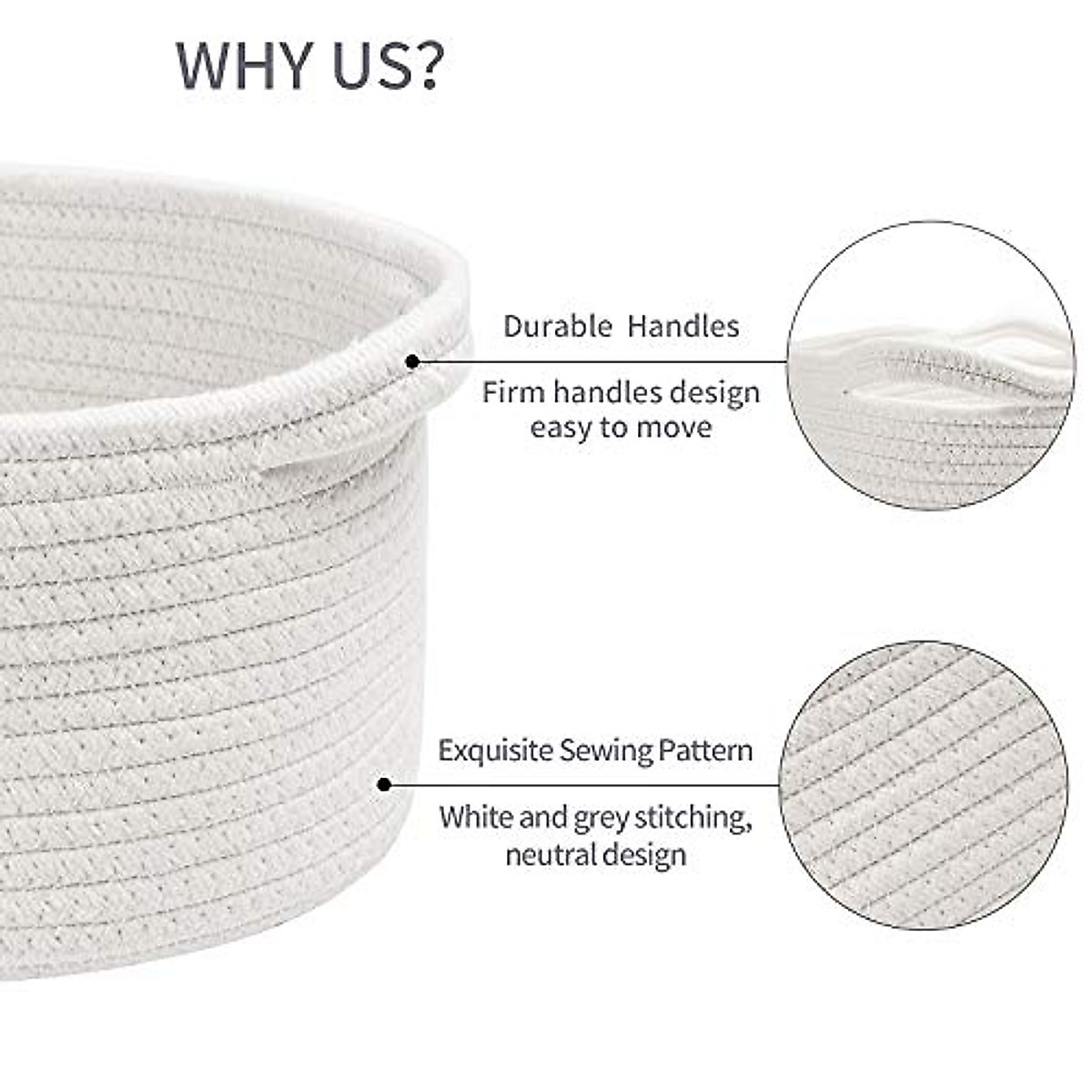 Cotton Rope Basket with Handles 13.4" x 8.7" X 5.9" Woven Cotton Rope Storage Baskets are Ideal for Toy Baskets Laundry Baskets Blanket Baskets and Nursery Baskets（White）