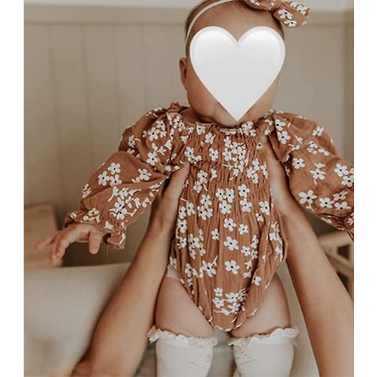 2pcs Infant Baby Girls Romper Headband 0-24M Ruffles Long Sleeve Off Shoulder Flowers Printed Sweet Jumpsuit (Brown, 0-6 Months)