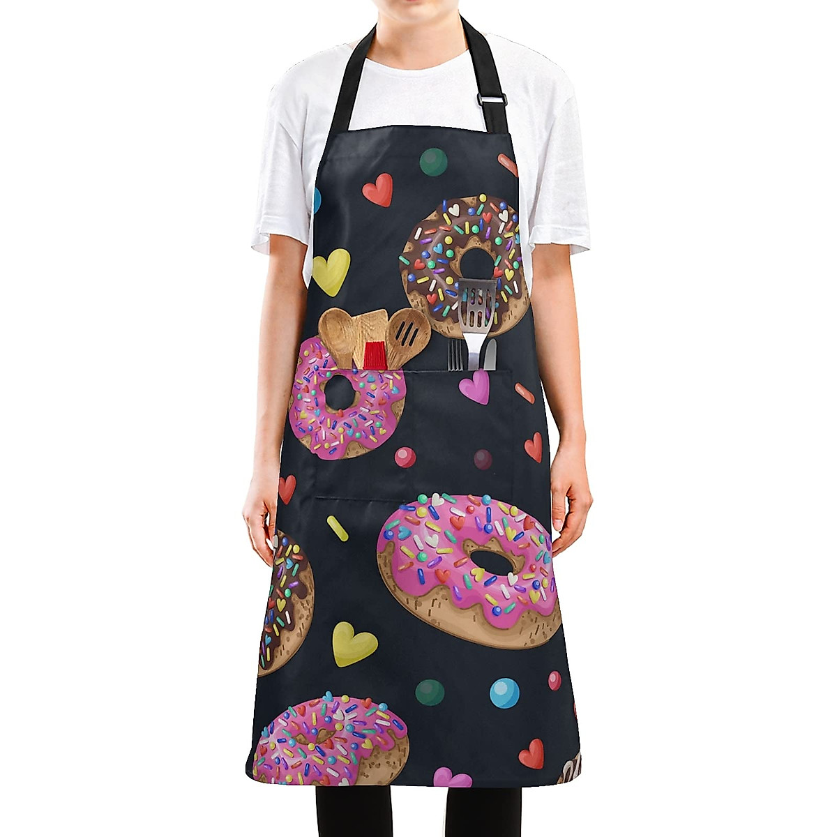 ALAZA H Yummy Donuts Adjustable neck strap Bib Aprons with 2 Roomy Pockets