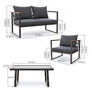 EAST OAK Courtyard Patio Furniture Set, 4-Piece Outdoor Patio Set with Sofa, Removable & Washable Deep Seating Cushion, Tempered Glass Table, Outside Patio Conversation Sets, Black & Dark Grey