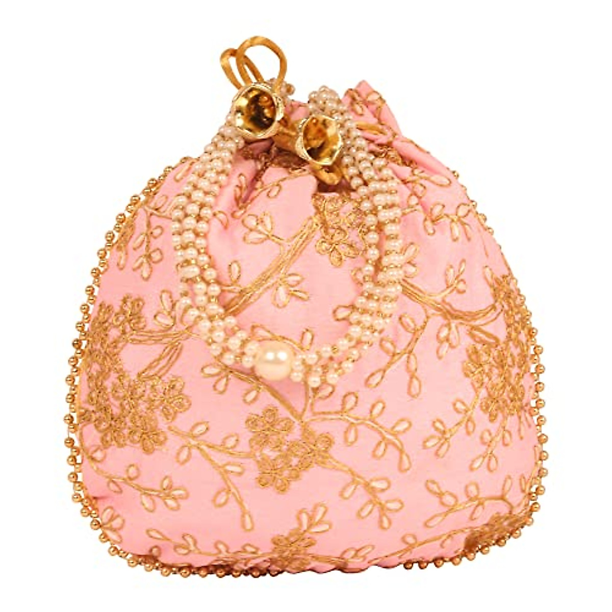 INDTRESOR beaded hand embroidered evening purse handbag vintage party wedding gift for women. Light Pink gold pearl