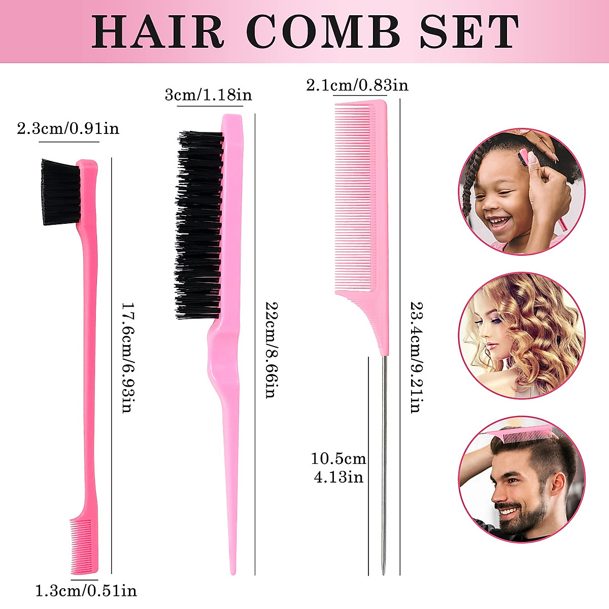 Sularpek 3 Pieces Slick Brush Set Bristle Hair Brush, Teasing Brush Edge Brush, Rat Tail Comb, for Edge & Back Brushing, Combing Slicking Hair for Women Girls (Pink)