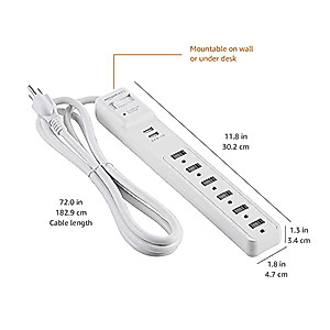Amazon Basics Rectangular 6-Outlet Surge Protector Power Strip with 2 USB Ports - 1000 Joule, White, 6 ft
