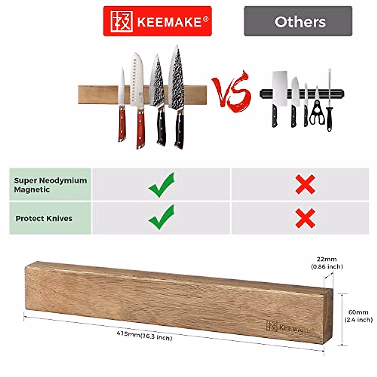 KEEMAKE Magnetic Knife Holder for Wall 16 inch Acacia Wood Knife Magnetic Strip, Powerful Neodymium Magnet Knife Hanger Knife Bar for Kitchen knives