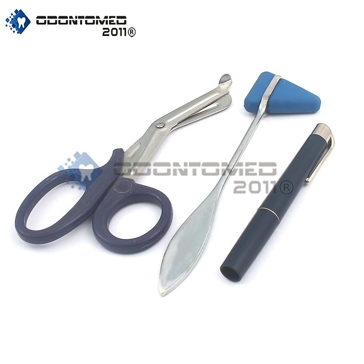 OdontoMed2011 Set of 3 Blue Reusable PENLIGHT + Blue Head Taylor Percussion Hammer + Blue Paramedic Shears EMT 7.5" (ODM Brand)