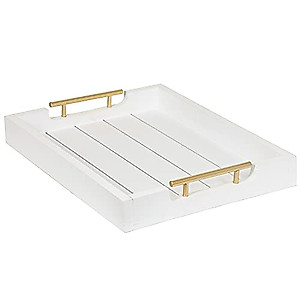 White Serving Tray with Gold Handles by Cozy Décor - Premium Decorative Trays - Coffee Table Trays for Living Room - Large Ottoman Tray -Tv Trays for Breakfast in Bed -17-Inch Wooden Tray for Ottoman