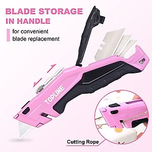 TOPLINE Retractable Pink Utility Knife, Retractable Pink Box Cutter, Blade Storage Design, 18-Piece SK5 Blades and a Dispenser Included (1 PACK(PINK))