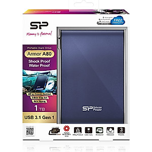 Silicon Power 1TB Rugged Portable External Hard Drive Armor A80, Waterproof USB 3.0 for PC, Mac, Xbox and PS4, Blue