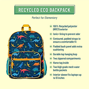 Wildkin Kids Eco Backpack for Boys & Girls, Perfect for Elementary Recycled Backpack, Features Padded Back & Adjustable Strap, Ideal for School & Travel Backpacks for Kids (Jurassic Dinosaurs)