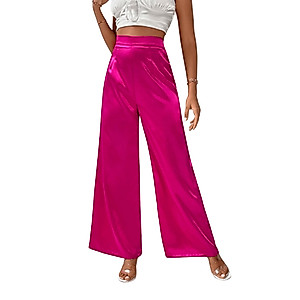 WDIRARA Women's Wide Leg High Waisted Zip Fly Flowy Loose Pants Elegant Party Pants Hot Pink S