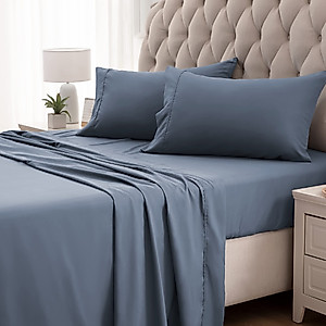 SLEEP ZONE® Nanotex® Super Soft Cooling Full Size Bed Sheets Set 4 Piece - Easy Care Fitted Flat Sheet & Pillowcase Sets - Wrinkle Free, Fade Resistant, Deep Pocket 16" (Flint Blue, Full)