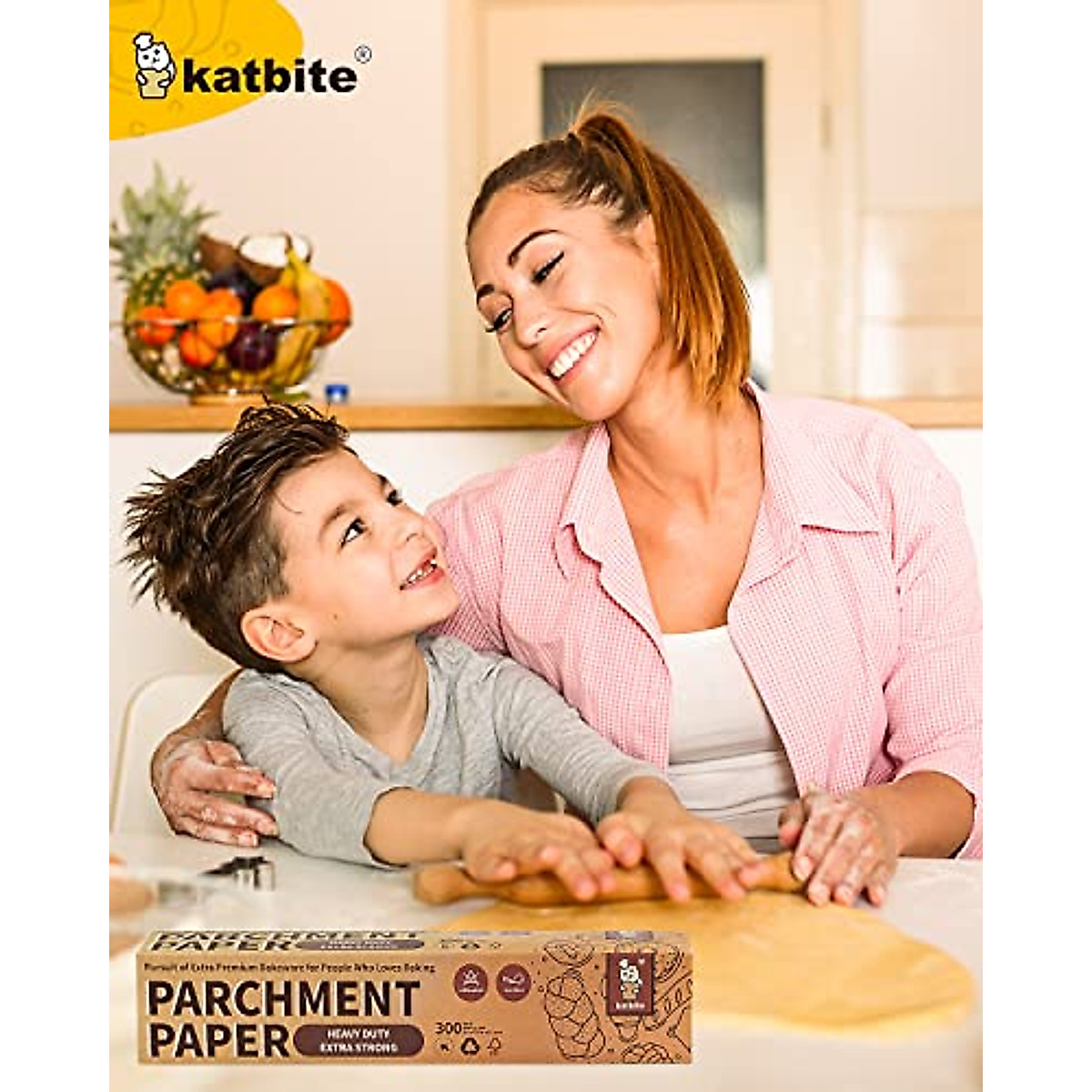 Katbite 15in x 242ft, 300 Sq.Ft Unbleached Parchment Paper Roll for Baking, Parchment Baking Paper with Serrated Cutter, Non-stick Longer Parchment Roll for Cooking, Air Fryer, Steaming, Bread