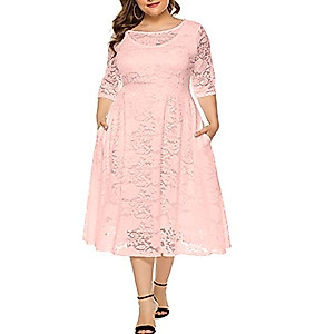 Eternatastic Womens Scooped Neckline Floral lace Top Plus Size Cocktail Party Midi Dress 3XL Pink