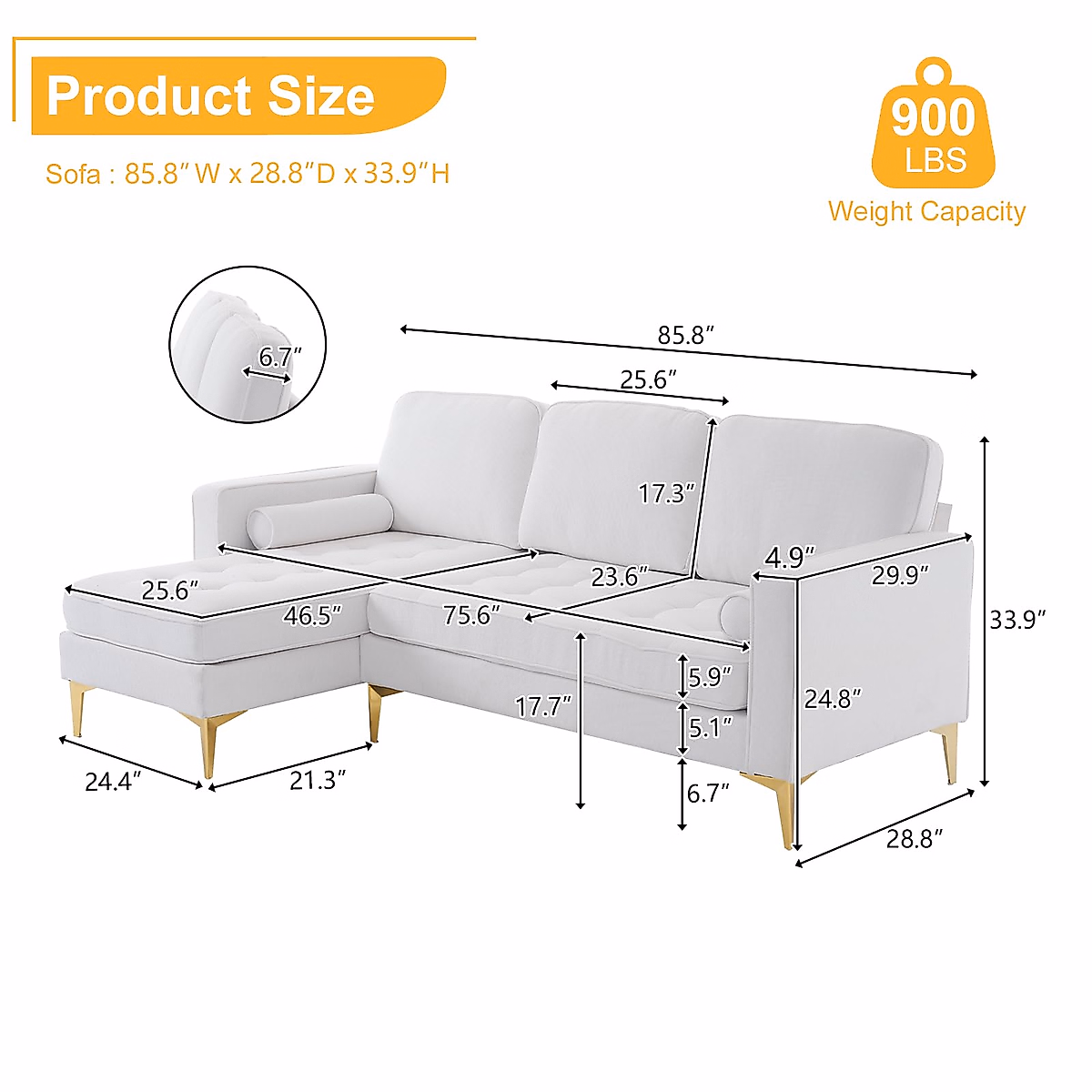 voqoomkl 85" Burlap Fabric Sectional Sofa Couch with Reversible Chaise, L-Shape Couch with Bolster Pillows and Metal Legs, 3 Seats Modular Sofa for Living Room Apartment Small Space, Beige