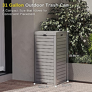EAST OAK 31 Gallon Outdoor Trash Can, Waterproof Resin Garbage Can with Tiered Lid and Drip Tray, Outside Trash Bin for Patio, Kitchen, Backyard, Deck, Gray