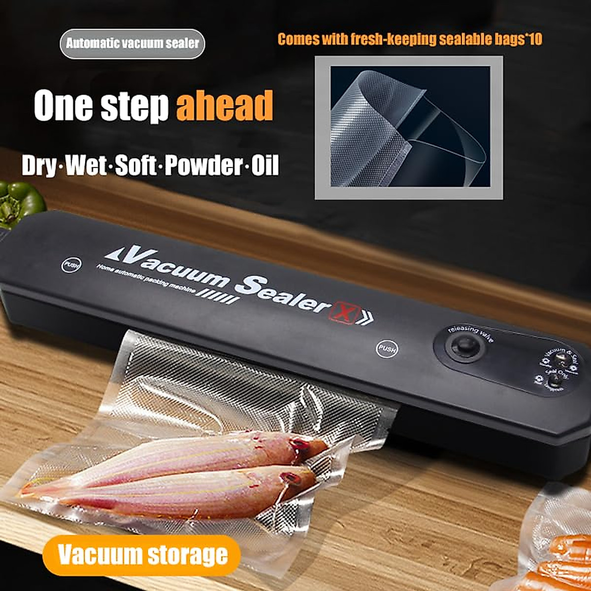 Automatic Vacuum, Household Kitchen Food Preservation, One-Click Operate, for Sous and Food Storage, Dry/Wet/Soft/Oil/Powder Universal, with 10 Vacuum Bags (Matt black)