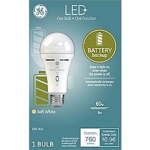 GE Lighting LED+ Backup Battery Light Bulb, Rechargeable, Soft White, Medium Base (1 Pack)