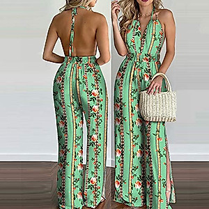 Women's Summer Halter Backless High Waist Loose Leg Floral Print Jumpsuit Long Pants(Green, XL)