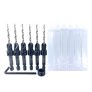 FTG USA Countersink Drill Bit Set 6 Pc #6 (9/64") with 6 Storage Containers for Wood Countersink Drill Bit Pro Pack Countersink Set, Tapered Countersink Bit, 1 Stop Collar, Hex Wrench,