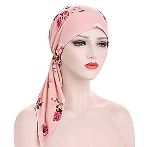 Fxhixiy Pre-Tied Bandana Turban Hat Chemo Cancer Headscarf Headwraps Headwear for Women Hair Cover Hat (Pink Flower)