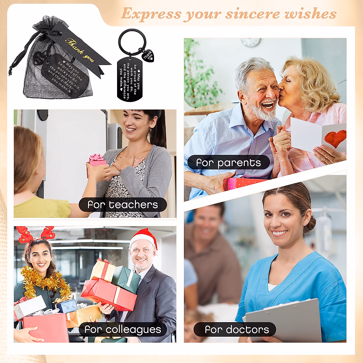 Yinkin 36 Pcs Employee Appreciation Gifts Bulk for Coworkers Keychains Organza Bags with Cards for Social Worker Staff Gifts(Black, 12 Sets)