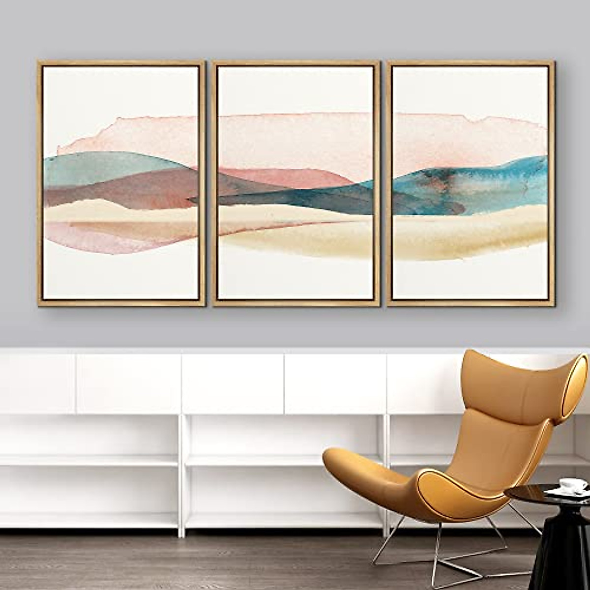 NWT Canvas Print Wall Art Set Abstract Watercolor Mountain Range Geometric Wilderness Illustrations Modern Art Rustic Landscape Pastel for Living Room, Bedroom, Office - 24"x36"x3 Natural