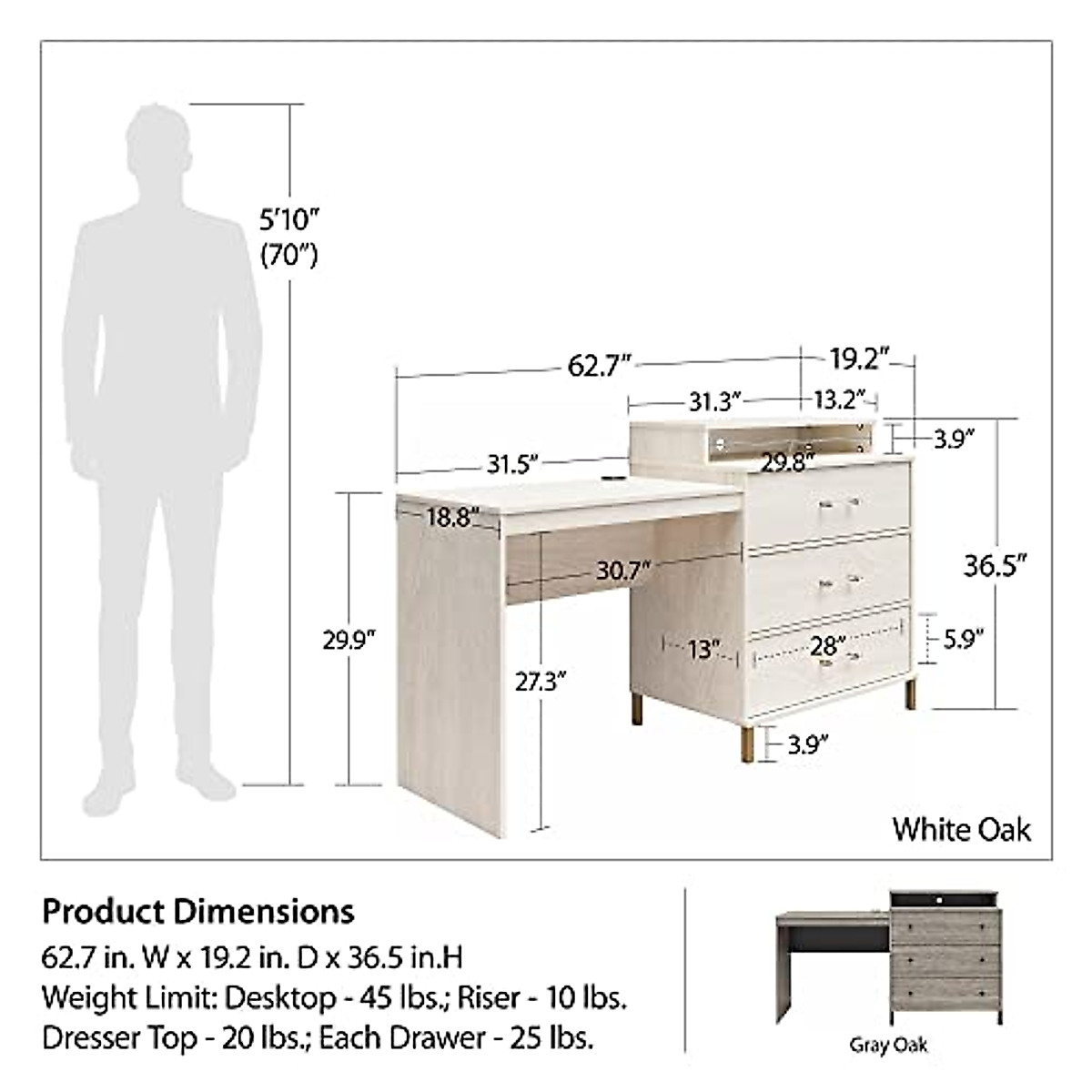 Ameriwood Home Kalissa Dresser/Desk Combo with Wireless-charger, Gray Oak
