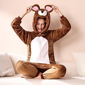EJsoyo Onesie Adult Reindeer Costume Dinosaur Sleepwear Animal Lion Mouse Cosplay Pajama Teens Halloween Costume (Large, Brown Mouse)