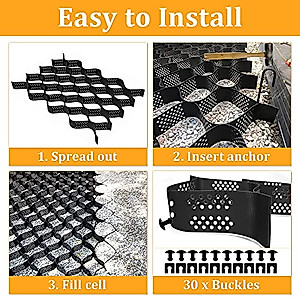 YUEWO Geo Grid Ground Grid 2 Inch (9x17FT) 155 sq ft Geocells Cellular Confinement System Geo Cell Grid Paver for Gravel Stabilizer for Light Duty Traffic Areas Foot Traffic with 30pcs Buckles