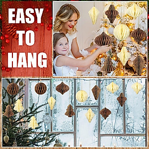 Hungdao 12 Pcs Christmas Paper Honeycomb Balls Hanging Ornament Khaki Pom Poms Decorative 3D Mini Glitter Edge Paper Honeycomb Ornament for Christmas Tree Xmas Home Decor(Brown)