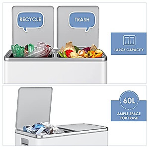 finetones Dual Step Trash Can, 16 Gallon (30L) Stainless Steel Garbage Can with 2 Soft-Close Lid and 2 Removable Inner Wastebasket, Bin Body with Handle for Kitchen, Home Office, White/Gray