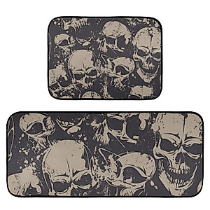 J JOYSAY Skulls Kitchen Rugs and Mat 2 Pieces Set Cushioned Anti Fatigue Kitchen Mat Non Slip Floor Rug Washable Farmhouse Decor for Home Kitchen Hallway Bedroom